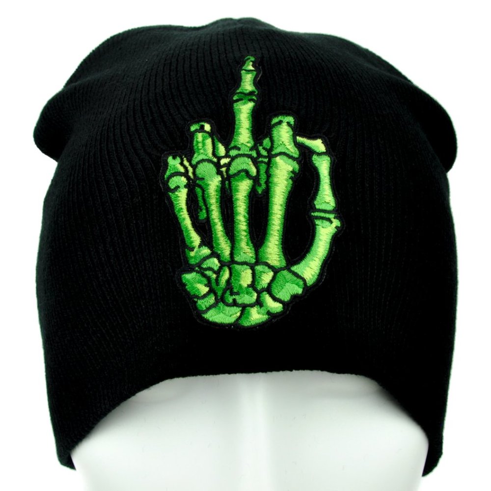 Green Skeleton Hand Middle Finger Black Beanie Knit C… - Gem